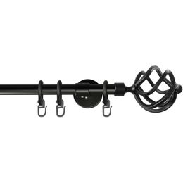 Gardinenstange Garesa, L:120cm &Oslash;:16mm, schwarz, Metall, Gardinenstangen, "RUSTIKA", rustikale Vorhanggarnitur, verl&auml;ngerbar, m. Ringe, Endknopf Korb