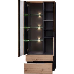 Vitrine Innostyle, B:75cm H:197cm T:38cm, braun, Dekorfolie, MDF, Spanplatte, Wohnzimmer, Schränke, "Memphis", Bicolour Eiche Artisan Absetzung