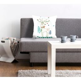 Dekokissen queence, B:40cm L:40cm, bunt, Polyester, Dekokissen_Sitzkissen_Kissenh&uuml;llen, "Henry", mit Rentieren und Tannenb&auml;umen