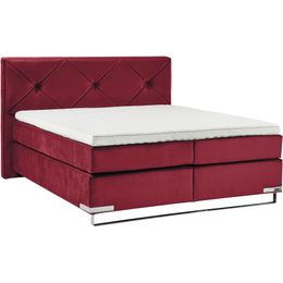 Boxspringbett, B:197cm L:214cm, rot, Gallery M BRANDED BY MUSTERRING, Komplettbetten, "Dubai", Kufe in Chrom, 3 Härtegrade, Kopfteil mit Knopfheftung