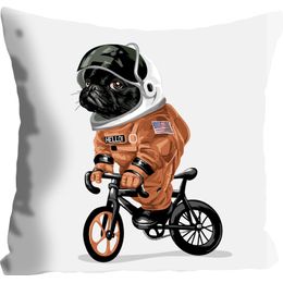 Dekokissen queence, B:40cm L:40cm, orange, Polyester, Dekokissen_Sitzkissen_Kissenh&uuml;llen, "Spacedog", mit einem fahrradfahrenden Astronauten-Hund
