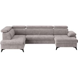 Wohnlandschaft COTTA, B:324cm T:207cm, grau, Sofas, "Hudson U-Form", mit Kopfteilverstellung, wahlweise mit Bettfunktion & Bettkasten