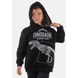 DENOKIDS Jungen Kapuzenpullover "Dino Research", schwarz, Gr. 110, bedruckt, 53% Baumwolle;40% Polyester;4% Polyacryl;3% Viskose, Pullover, mit