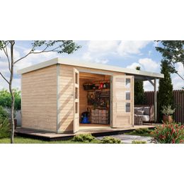 Gartenhaus Karibu, beige, Holz, Stahl, Gartenhäuser, ""Jupiter 4 A" SET naturbelassen, mit Anbaudach 2,35 m breit", hochwertige Materialien: