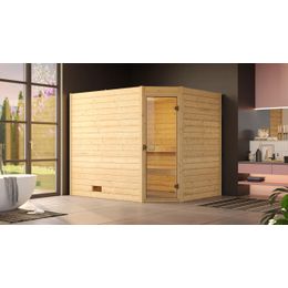 Weka Sauna "Massivholzsauna VALIDA Eck 3", Saunaofen, externe Steuerung, 7,5 kW, beige, Saunen, Blockbohlen, moderne Ganzglast&uuml;r, Eckeinstieg