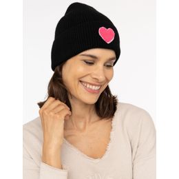 Zwillingsherz Damen Beanie ""Heart Patch"", schwarz, unifarben mit Farbeinsatz, Grobstrick, Materialmix, Mützen, Grobstrick, Herzmotiv,Wollanteil,
