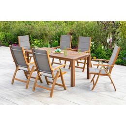 Garten-Essgruppe Merxx, B:60,5cm H:111cm T:60cm, grau, FSC-zertifiziertes Massivholz, Polyester, Sitzmöbel-Sets, "Acapulco", 6 Klappsessel mit Tisch