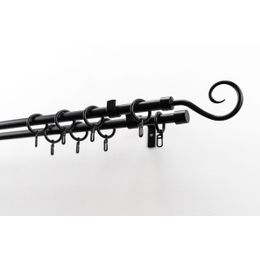 Gardinenstange Garesa, L:240cm &Oslash;:16mm, schwarz, Kunststoff, Metall, Gardinenstangen, "Clara", Vorhanggarnitur, mit Ringe und Haken, verl&auml;ngerbar