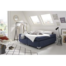 Boxspringbett, B:202cm L:201cm, blau, Westfalia Schlafkomfort, Microvelours (100% Polyester), Komplettbetten, "Holland", ohne Kopfteil, frei im Raum