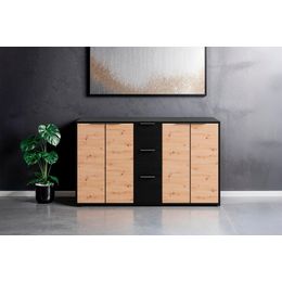 Sideboard ByLiving, B:139cm, schwarz, Wohnzimmer, Sideboards, "Rimini", Melamin Eiche schwarz und Artisan Eiche, 3 Schubk&auml;sten, 4 T&uuml;ren