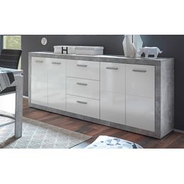 HBZ-MEBLE Sideboard HBZ, B:206cm H:90cm T:45cm, grau, Holzwerkstoff, Wohnzimmer, Sideboards, "Stone weiß Hochglanz, Wohnzimmerschrank BxHxT 206x90x45 cm", Mit