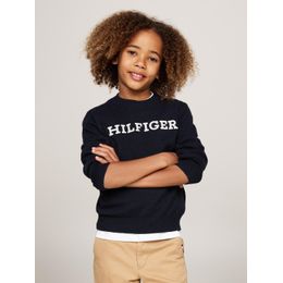 Tommy Hilfiger Jungen Strickpullover "MONOTYPE REGULAR SWEATER", blau, Gr. 8, unifarben, Strick, Obermaterial: 56% Baumwolle, 25% Polyester, 16%