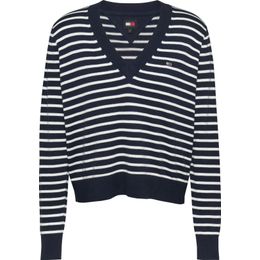 Tommy Jeans Damen Strickpullover "TJW ESSENTIAL VNECK SWEATER EXT", blau, Basic, Gr. XS, gestreift, Strick, Obermaterial: 53% Baumwolle, 40% Viskose,