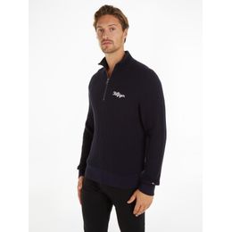 Tommy Hilfiger Herren Rundhalspullover "HILFIGER GRAPHIC WAFFLE ZIP MOCK", blau, Gr. S, Sweatware, Obermaterial: 100% Baumwolle, Pullover