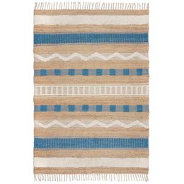 Teppich FLAIR RUGS, B:120cm H:12mm L:170cm, blau, Baumwolle, Jute, Wolle, Wohnzimmer, Teppiche, "Medina, mit abstraktem Streifenmuster", Boho-Look,