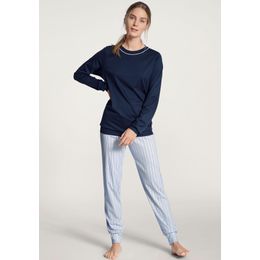 Calida Damen Pyjama "Sweet Dreams", Gr. L, blau, Interlock, Obermaterial: 100% Baumwolle, gemustert, unifarben, Homewear-Sets, Rippbündchen,