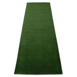 Wollteppich CarpetFine, B:80cm H:14mm L:300cm, gr&uuml;n, Wolle, Wohnzimmer, Teppiche, "Gabbeh Lola Uni", mit nat&uuml;rlichem Pflanzenmaterial von Hand