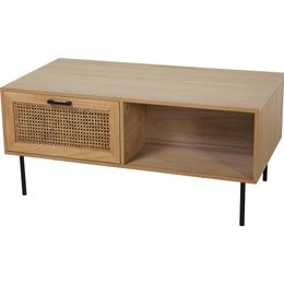 Couchtisch Inosign, B:110cm H:50cm T:59cm, schwarz, MDF mit Paulownia-Furnier, Front Rattan, Beine pulverbeschichtetes Metall, Wohnzimmer, Tische,