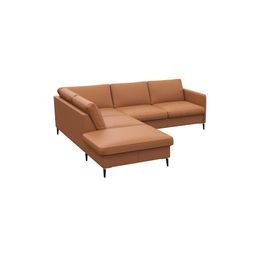 Ecksofa FLEXLUX, B:234cm H:85cm T:225cm, braun, 100% Echteder, Wohnzimmer, Sofas, "Fiore, L-Form", schmale Armlehnen, F&uuml;&szlig;e Alu/schwarz, B/T