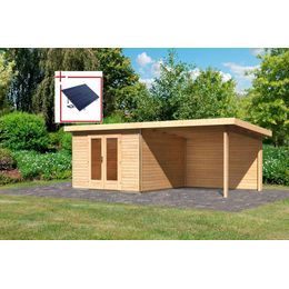 Gartenhaus Konifera, beige, Holz, Gartenh&auml;user, "Rabensee 1", mit Anbaudach 3,30 m, R&uuml;ckwand, naturbelassen