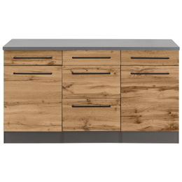 Unterschrank KOCHSTATION, B:150cm H:85cm T:60cm, braun, K&uuml;che, Schr&auml;nke, "KS-Tulsa", 150 cm breit, 2 T&uuml;ren, 3 Schubk&auml;sten, 2 gro&szlig;e Ausz&uuml;ge f&uuml;r