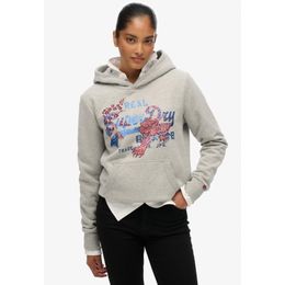 Superdry Damen Kapuzensweatshirt, grau, Gr. S, bedruckt, Sweatware, Obermaterial: 60% Baumwolle, 40% Polyester, Sweatshirts
