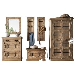 Garderoben-Set Sit, beige, Massivholz, Flur, Kastenm&ouml;bel-Sets, Front mit aufw&auml;ndigen Schnitzereien, Ringgriffe & Beschl&auml;ge aus Metall