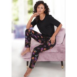 Vivance Dreams Damen Pyjama, Gr. 36, schwarz, Single Jersey, Obermaterial: 50% Baumwolle, 50% Viskose, geblümt, Basic, Homewear-Sets, mit Blumen-Druck
