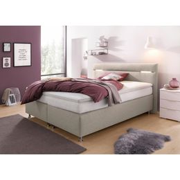 Boxspringbett, beige, Westfalia Schlafkomfort, Bezug Unterbox und Kopfteil: Strukturstoff (77% Polyester und 23% Viskose);Bezug Obermatratze 100%