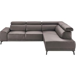 Ecksofa 3C CANDY, B:249cm H:79cm T:209cm, grau, 100% Leder, Wohnzimmer, Sofas, "Greve modern und bequem, inkl. manueller Kopfteilverstellung,