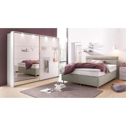 Boxspringbett, beige, Westfalia Schlafkomfort, Bezug Unterbox und Kopfteil: Strukturstoff (77% Polyester und 23% Viskose);Bezug Obermatratze 100%