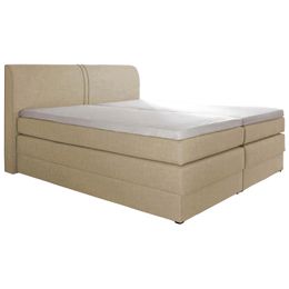 Boxspringbett Hapo, beige, Kopfteil, seitliche Unterbox und Obermatratze sind mit pflegeleichtem Feinstrukturstoff in Leinenoptik (100% Polyester)