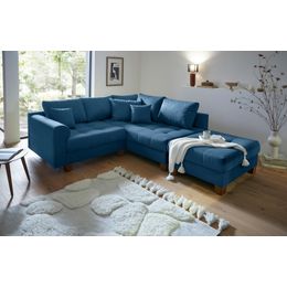 Ecksofa Home Affaire, B:216cm H:42cm T:185cm, blau, 100%Polyester, Wohnzimmer, Sofas, "Rice L-Form, B: 216 cm", Set: Sofa & Hocker, mit 3 Zierkissen,