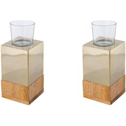 CREATIV HOME Teelichthalter "Kerzenhalter Tower", B/H/T: 8cm x 18cm x 8cm, beige, Kerzenhalter, aus Holz, Edelstahl und Glas