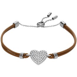 Fossil Damen Armband "Schmuck Geschenk Edelstahl Leder Armschmuck SADIE Herz", 21,6cm, Edelstahl Leder, braun, Edelstahl, Leder, Armbänder