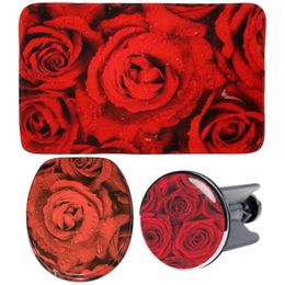 Badaccessoire-Set Sanilo, rot, Kunststoff, MDF, Polyester, Badaccessoires-Sets, "Rosen", bestehend aus WC-Sitz, Badteppich und Waschbeckenstöpsel