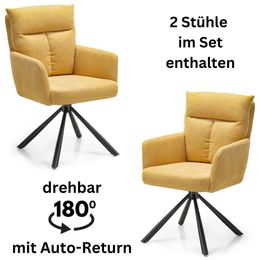 Armlehnstuhl Stolkom, B:60cm H:93cm T:67cm, gelb, Polyester, Esszimmer, Stühle, "Sofia", 180 grad drehbar mit Auto-Return, Federkern im Sitz