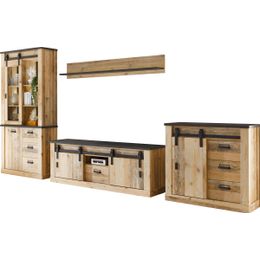 Wohnwand Home Affaire, B:388cm H:201cm T:43cm, braun, Wohnzimmer, Kastenmöbel-Sets, "SHERWOOD", mit Scheunentorbeschlag, Apothekergriffe aus Metall,