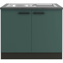 Sp&uuml;lenschrank Optifit, B:100cm H:84,8cm T:60cm, gr&uuml;n, Spanplatte, K&uuml;che, Schr&auml;nke, "Palma", Breite 100 cm, inklusive Einbausp&uuml;le