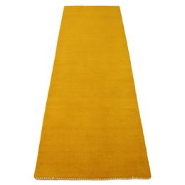 Wollteppich CarpetFine, B:80cm H:14mm L:150cm, gelb, Wolle, Wohnzimmer, Teppiche, "Gabbeh Lola Uni", mit nat&uuml;rlichem Pflanzenmaterial von Hand