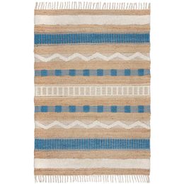 Teppich FLAIR RUGS, B:160cm H:12mm L:230cm, blau, Baumwolle, Jute, Wolle, Wohnzimmer, Teppiche, "Medina, mit abstraktem Streifenmuster", Boho-Look,