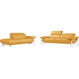 Egoitaliano Sofa "Anais, erstklassiger Sitzkomfort, Fußfarbe chrom", Leder BULL, Ottomane Armlehne rechts, gelb, Sofas, Set, Kopfteil verstellbar,
