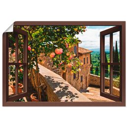 Wandbild Artland, B:70cm H:50cm, braun, Wohnzimmer, Bilder, "Fensterblick Rosen auf Balkon Toskana", als Alubild, Outdoorbild, Leinwandbild, Poster,