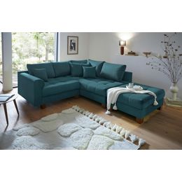 Ecksofa Home Affaire, B:216cm H:42cm T:185cm, blau, 100%Polyester, Wohnzimmer, Sofas, "Rice L-Form, B: 216 cm", Set: Sofa & Hocker, mit 3 Zierkissen,