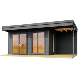 Gartenhaus Lasita Maja, grau, Holzwerkstoff, Gartenh&auml;user, "DOMEO 7 CARBONGRAU/ANTHRAZIT", mit Anbau, Fundamentmass 4000+1950 x 3000, Carbongrau