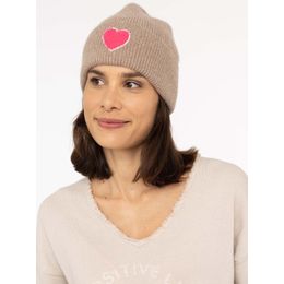 Zwillingsherz Damen Beanie ""Heart Patch"", beige, unifarben mit Farbeinsatz, Grobstrick, Materialmix, Mützen, Grobstrick, Herzmotiv,Wollanteil,