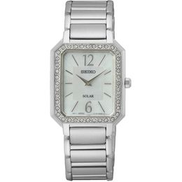 Seiko Damen Solaruhr, silber, Armbanduhren, Armbanduhr, Damenuhr, Perlmutt-Zifferblatt, Kristallsteine, Edelstahl