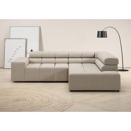 Ecksofa Inosign, B:249cm H:70cm T:215cm, grau, 100% Polyester, Wohnzimmer, Sofas, "Ancona, incl. Kopfteilverstellung + 3 Zierkissen, L-Form, Breite