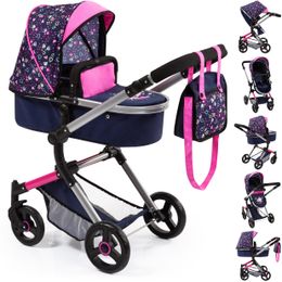 BAYER Kinder Kombi-Puppenwagen "Vario, Blau/Pink/Herzchen", bunt, Kunststoff, Metall, B:42cm H:86cm T:65cm, Puppenwagen, inkl. Wickeltasche
