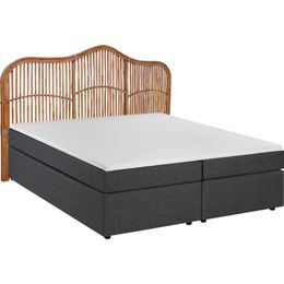 Boxspringbett Sit, B:200cm L:204cm, grau, Massivholz, Polyester, Komplettbetten, Mit Rattan-Kopfteil